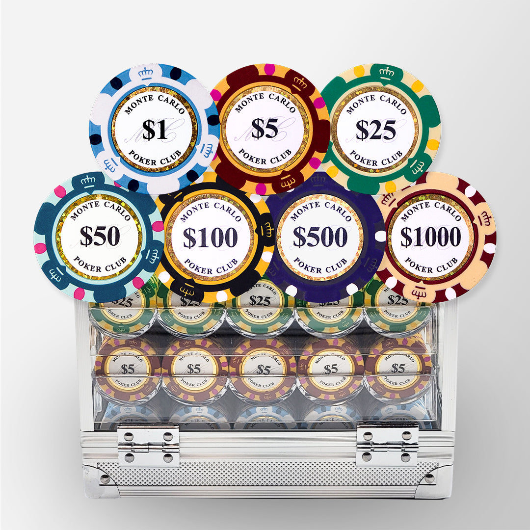 600 Monte Carlo Poker Club Poker Chips Set - Acrylic Case | MRC Poker