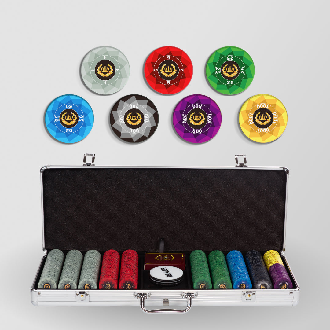 500 Laurel Crown Ceramic Poker Chips Set - Silver Aluminum Case | MRC Poker
